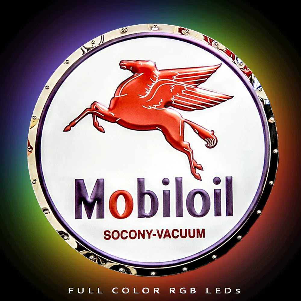 RGB LED Backlit Mobil Pegasus Round stainless-steel garage sign – Great ...